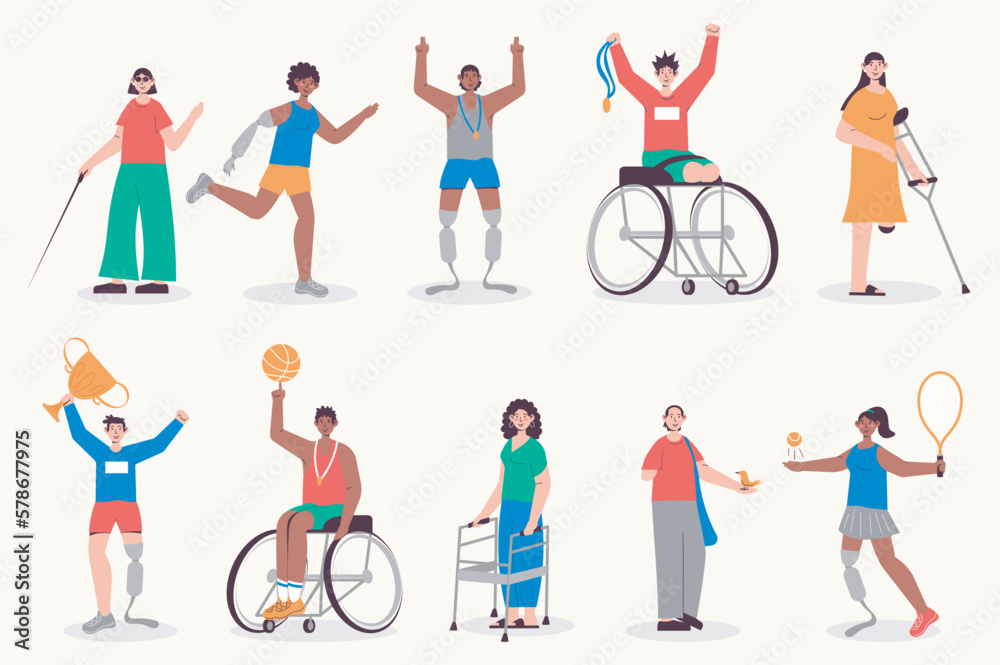 People with disabilities set in flat design. Men and women with ...