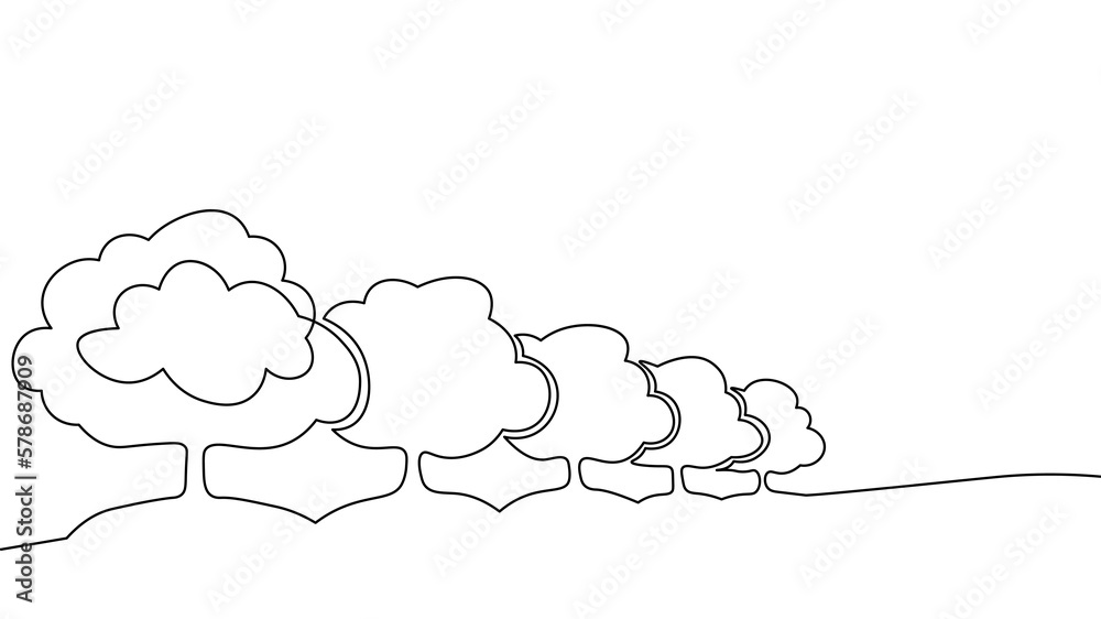 Single continuous line art tree park alley. Outdoors garden landscape ...