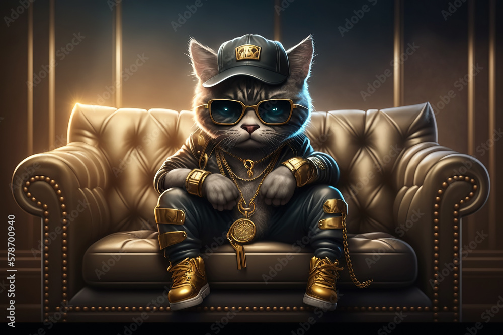 cat rapper boss in gangsta style with gold chains. Thug life concept ...