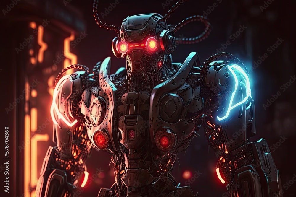 Cyborg metal nog. Robot of evil intent. Dreadful neon glare. The ...