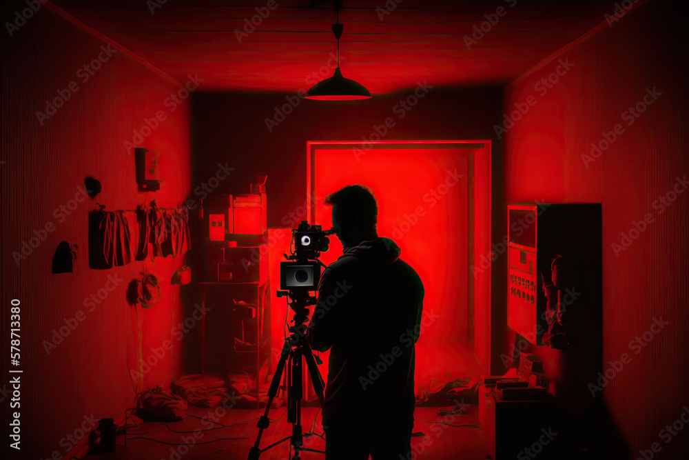 Ilustración de Stock Dark room photographer for developing photos under red light, concept of ...