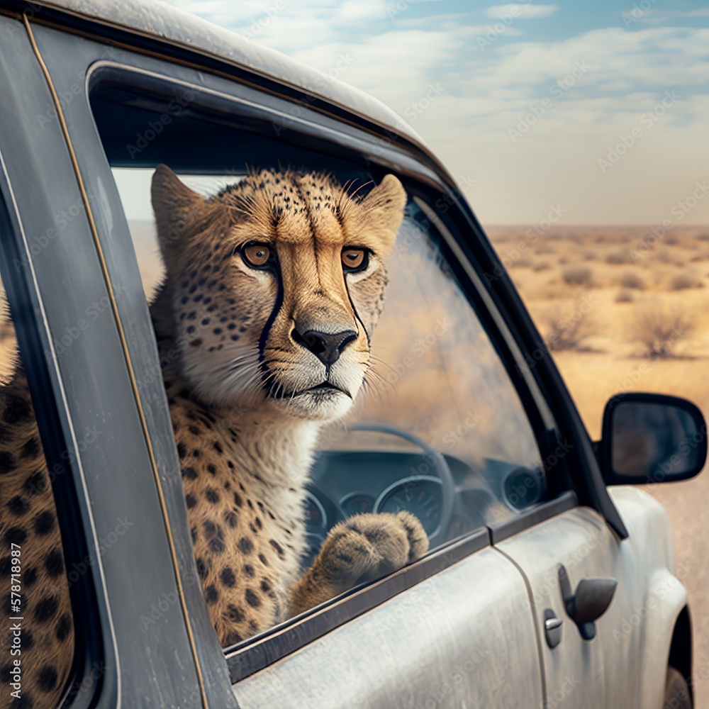 a cheetah drives a car, face to face peeks out looks like on the window ...