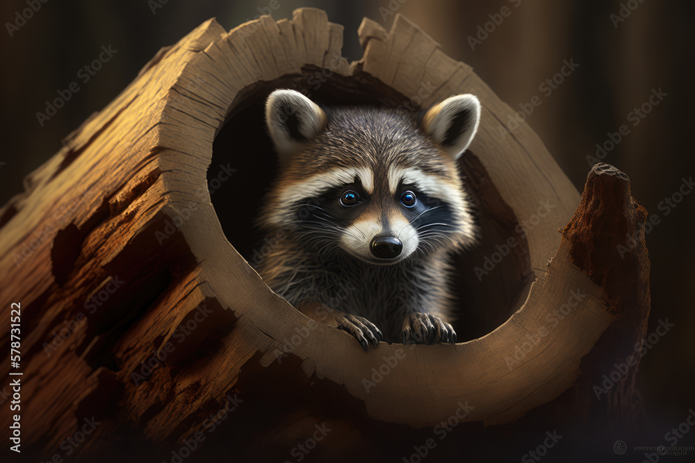 Стоковая иллюстрация «Baby raccoon peeking out of a hollow log with a ...