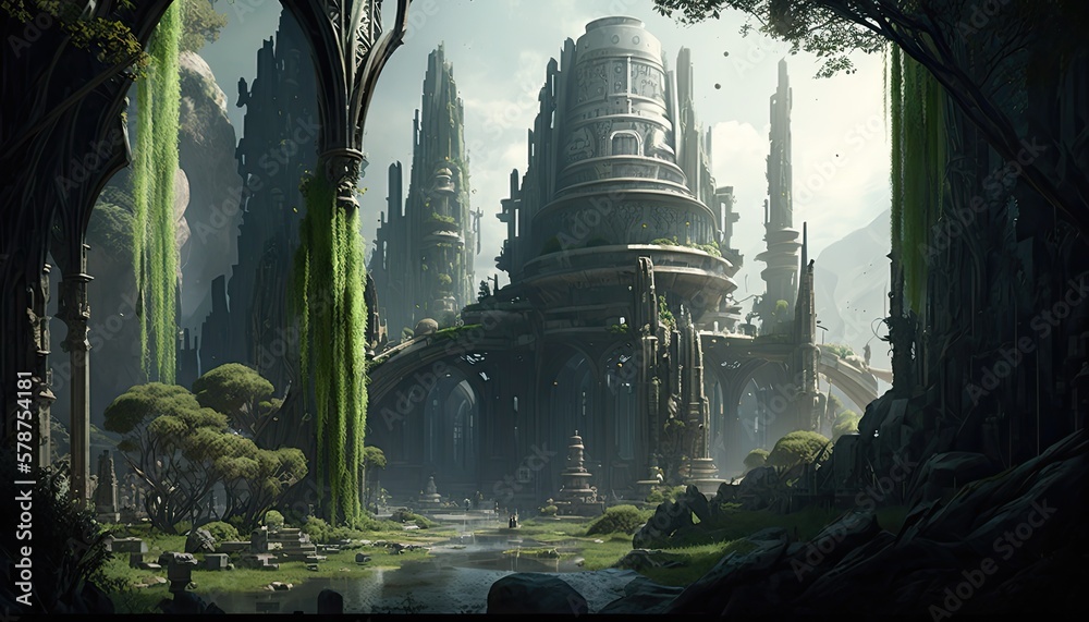 Massive fantasy city landscape concept, an ancient long lost sci fi ...