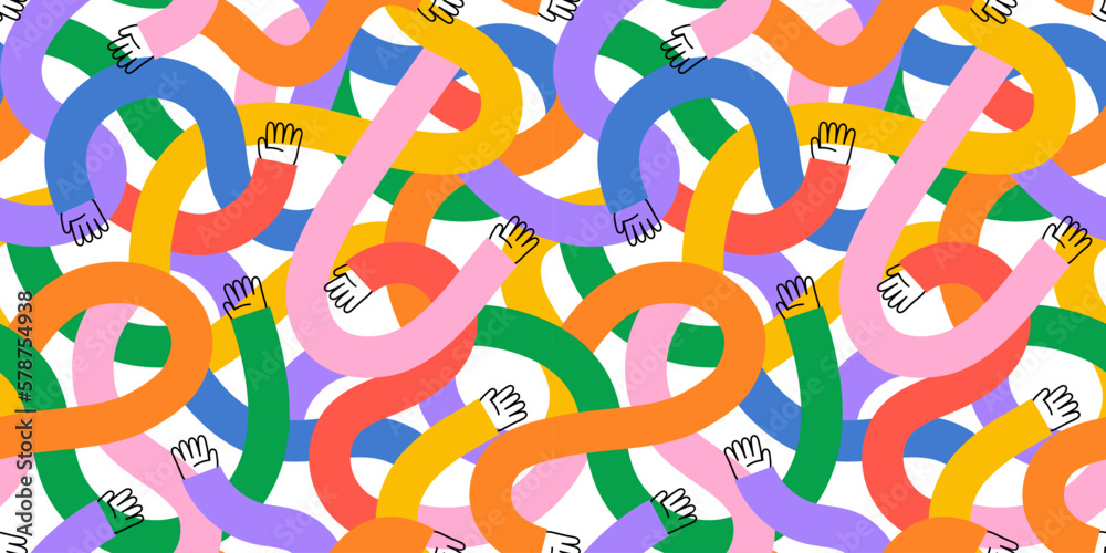 Diverse colorful people hands together seamless pattern illustration ...