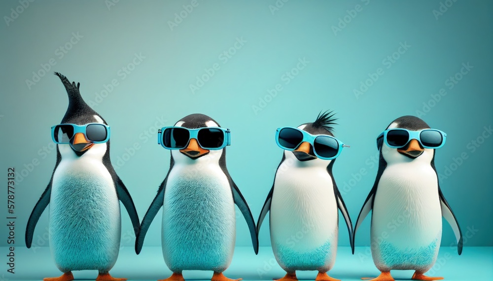four cool penguins face with sunglasses, empty copy space for text ...