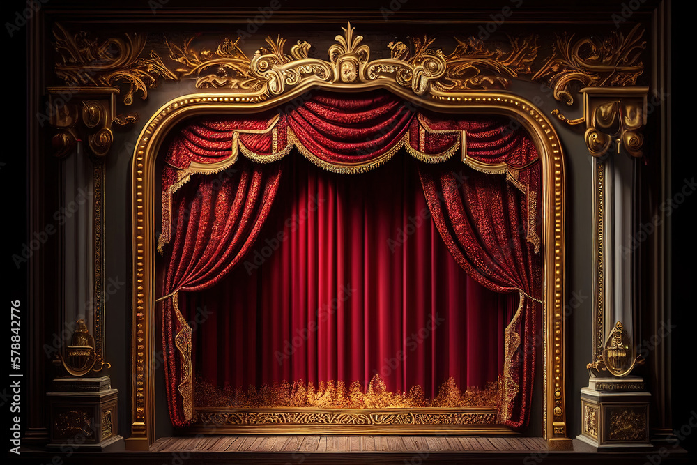 Within the theater, scarlet curtains grace both stage and surroundings ...