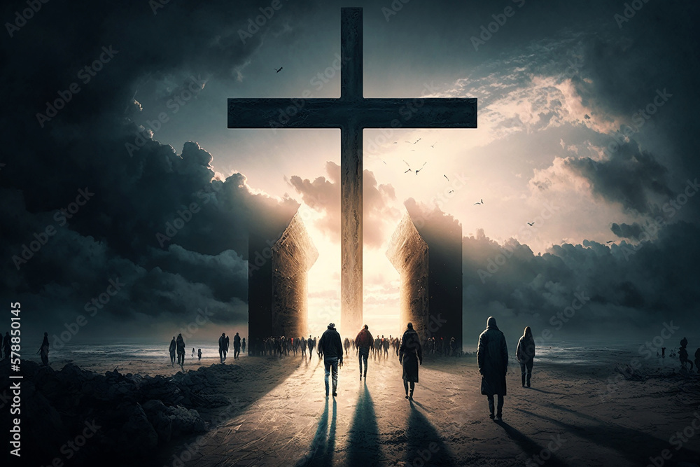 people walking towards a huge cross Stock Illustration | Adobe Stock