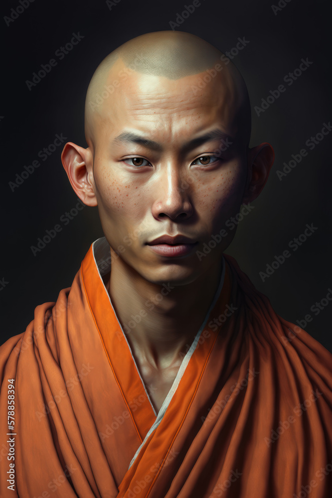 Portrait of a young Asian man looking like a shaolin monk, created with ...