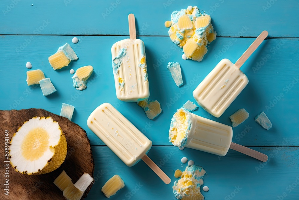 Clusters of coconut and pineapple ice pops. Over a blue wood background ...