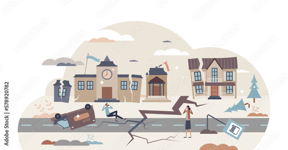 Earthquake destruction and city after nature disaster tiny person ...