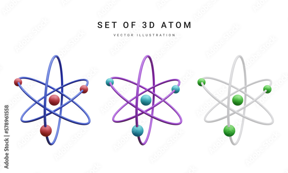 Vetor Set of 3d realistic atom with orbital electrons isolated on white ...