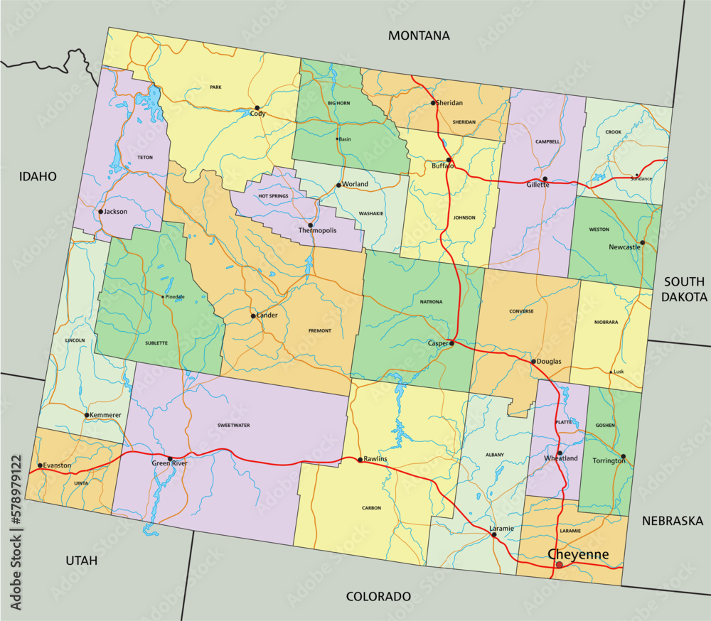 Wyoming - Highly detailed editable political map with labeling. Stock ...