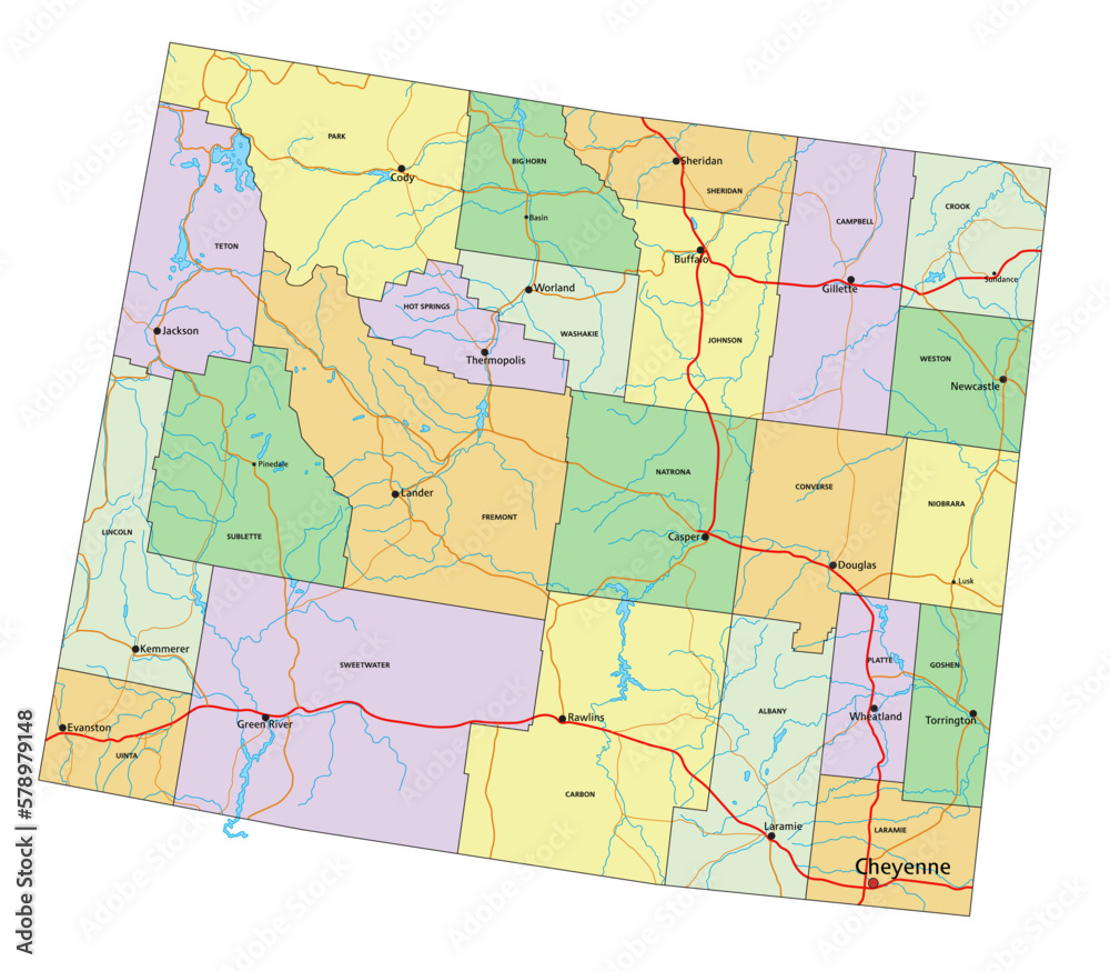 เวกเตอร์ Stock Wyoming - Highly detailed editable political map with ...