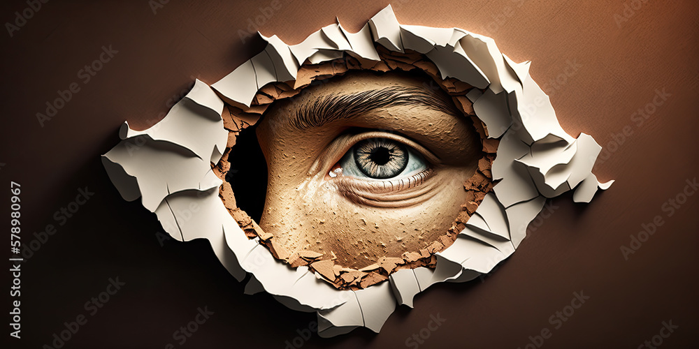 Image of a nose peeping out from a torn paper hole, conveying a sense ...