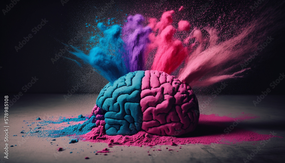 Foto de Stock Artistic illustration of a human brain exploding with fantasy dust with knowledge ...