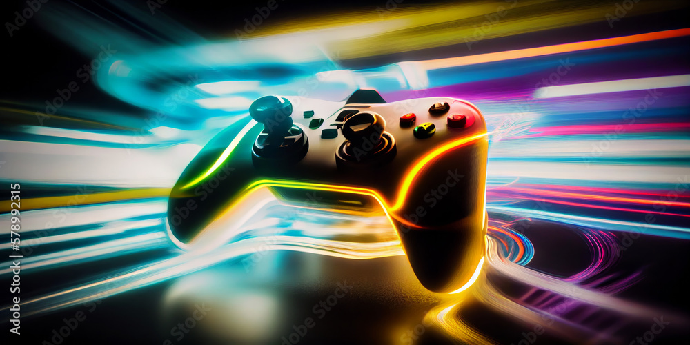 Video game controller with bright neon light streaks. Computer gamer ...