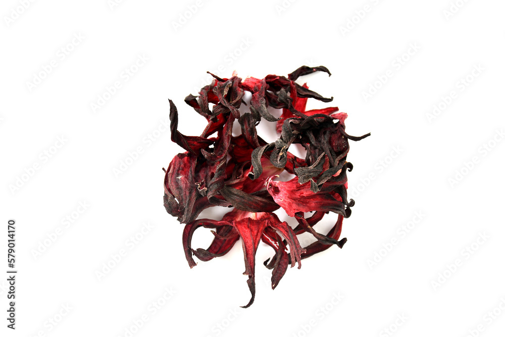 Dried rosella flowers on white background. Herbal tea ingredients ...
