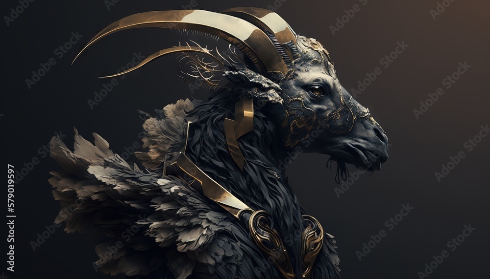 The anthropomorphic goat with golden horns creature in human clothes ...