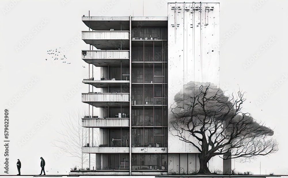 Minimalist architecture apartments/low-rise buildings in a brutalist ...