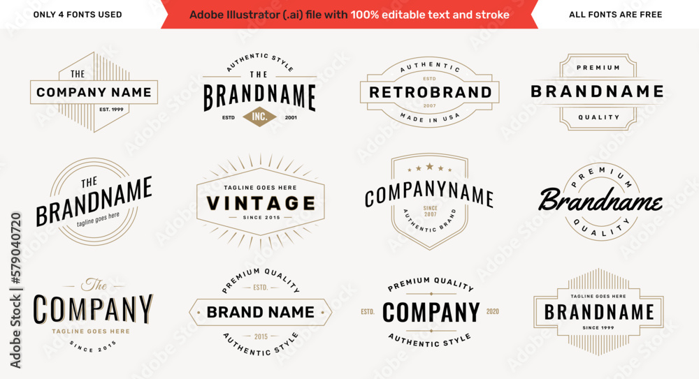 Retro logotype templates set on white background with editable text and ...