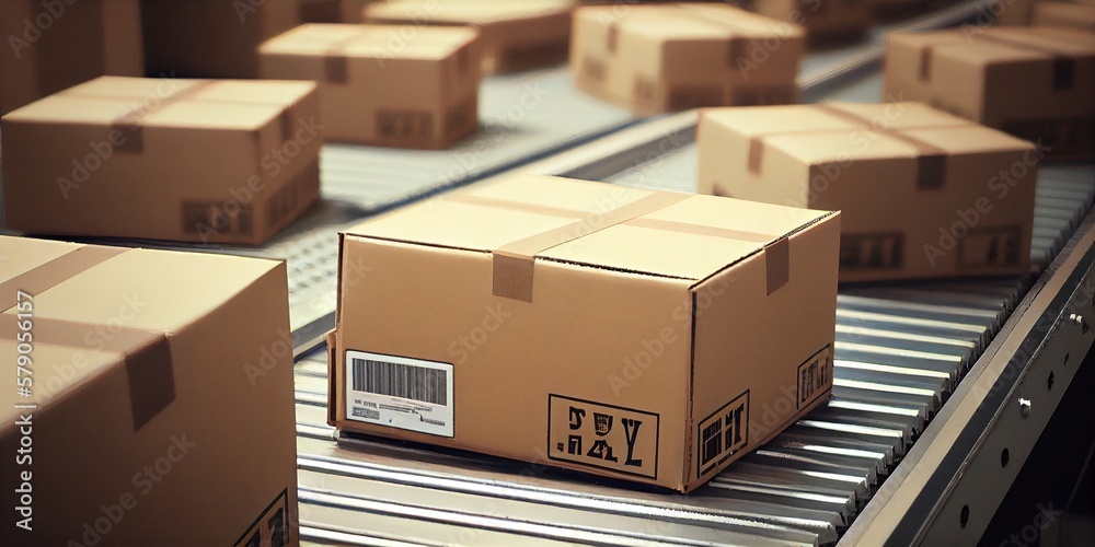 Cardboard boxes on conveyor belt at distribution warehouse. Postal parcels. Delivery worldwide ...