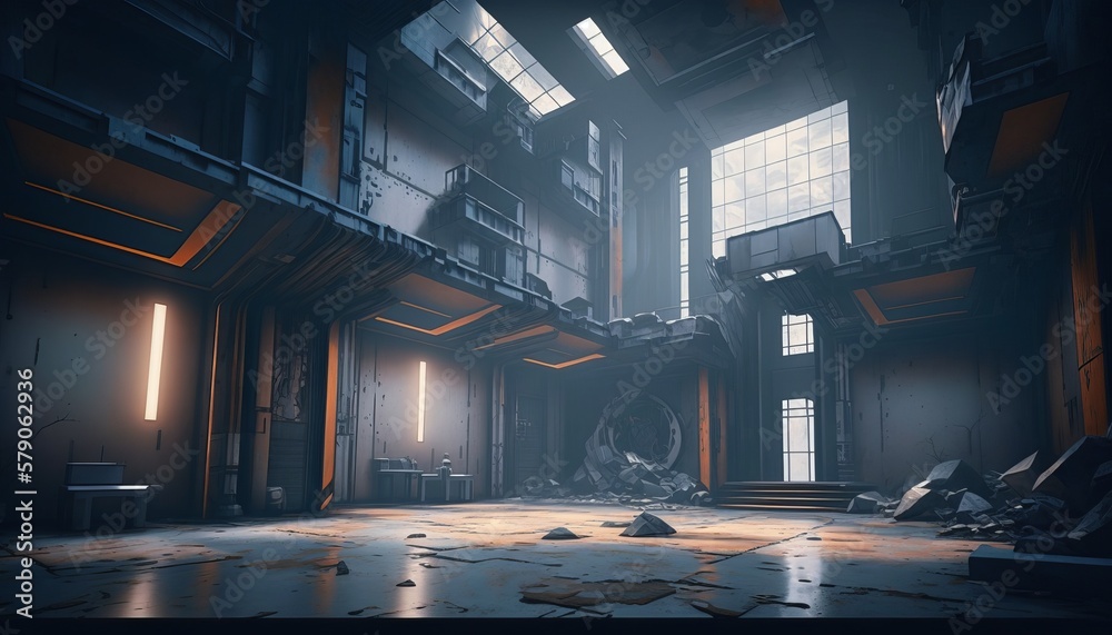 Abandoned empty futuristic factory building background. Generative AI ...