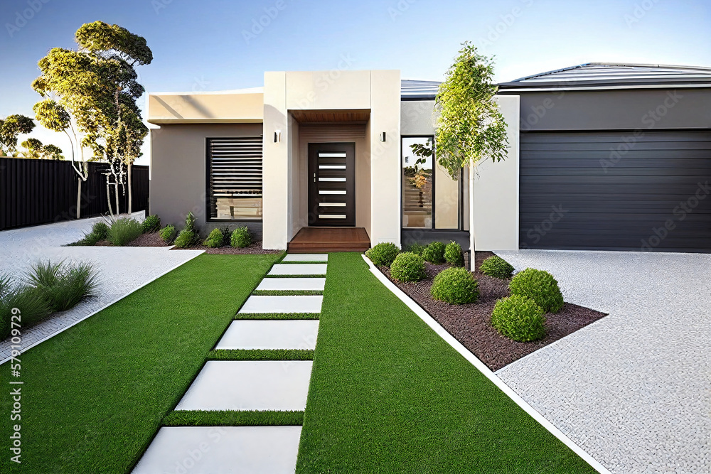 A contemporary Australian home or residential building's front yard ...