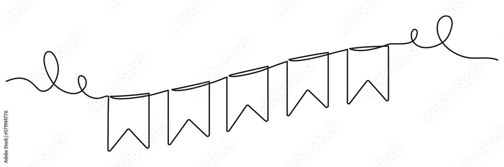 Continuous line art drawing buntings garland. Celebration party hand ...