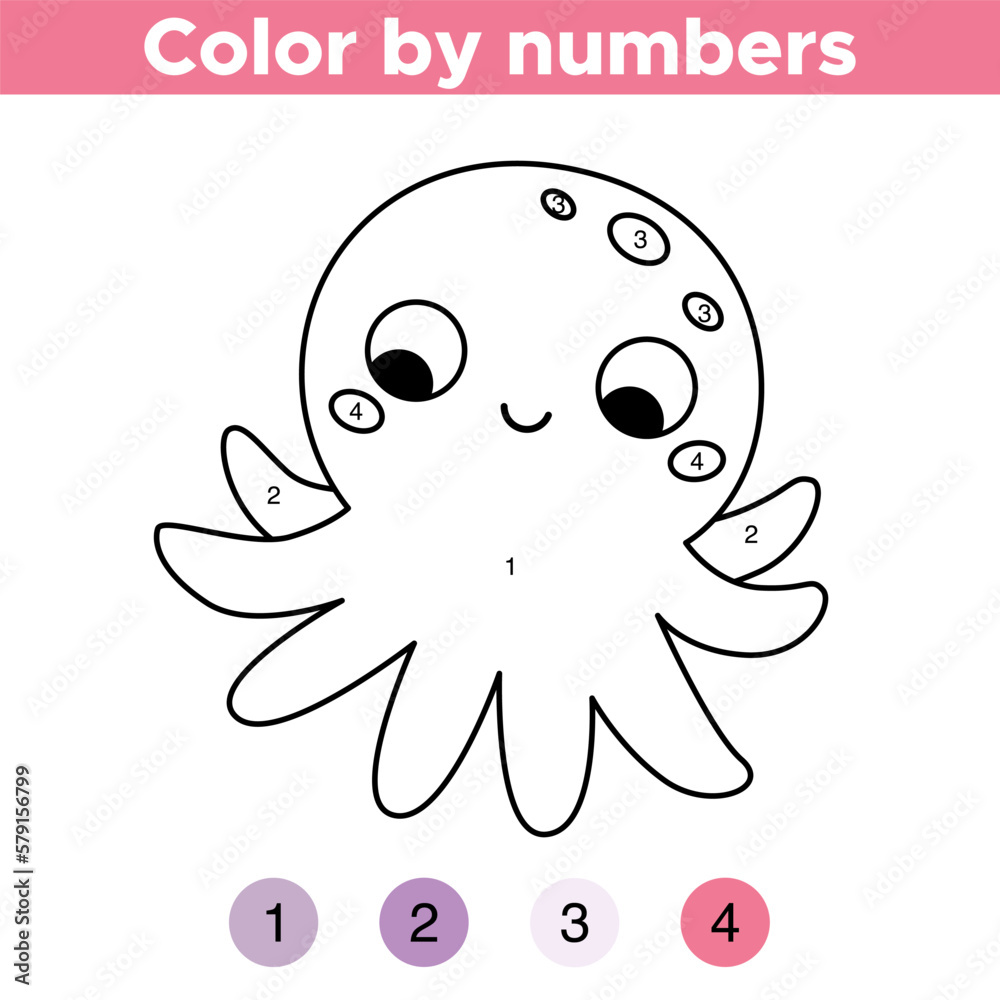 Coloring by numbers. Cute kawaii octopus. Sea animal. Coloring book for ...