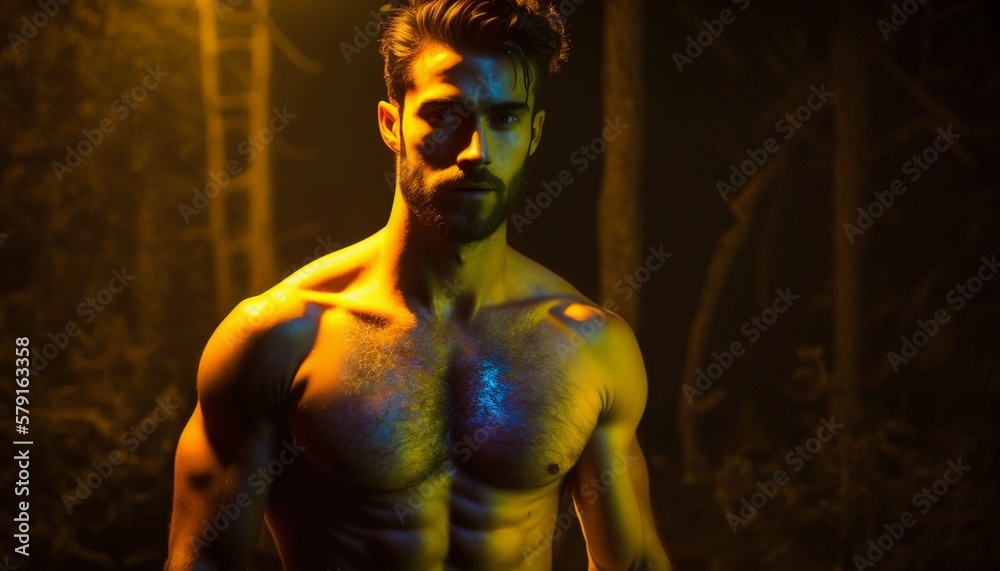 Taut man on a night photo shoot in the woods, neon yellow lighting ...
