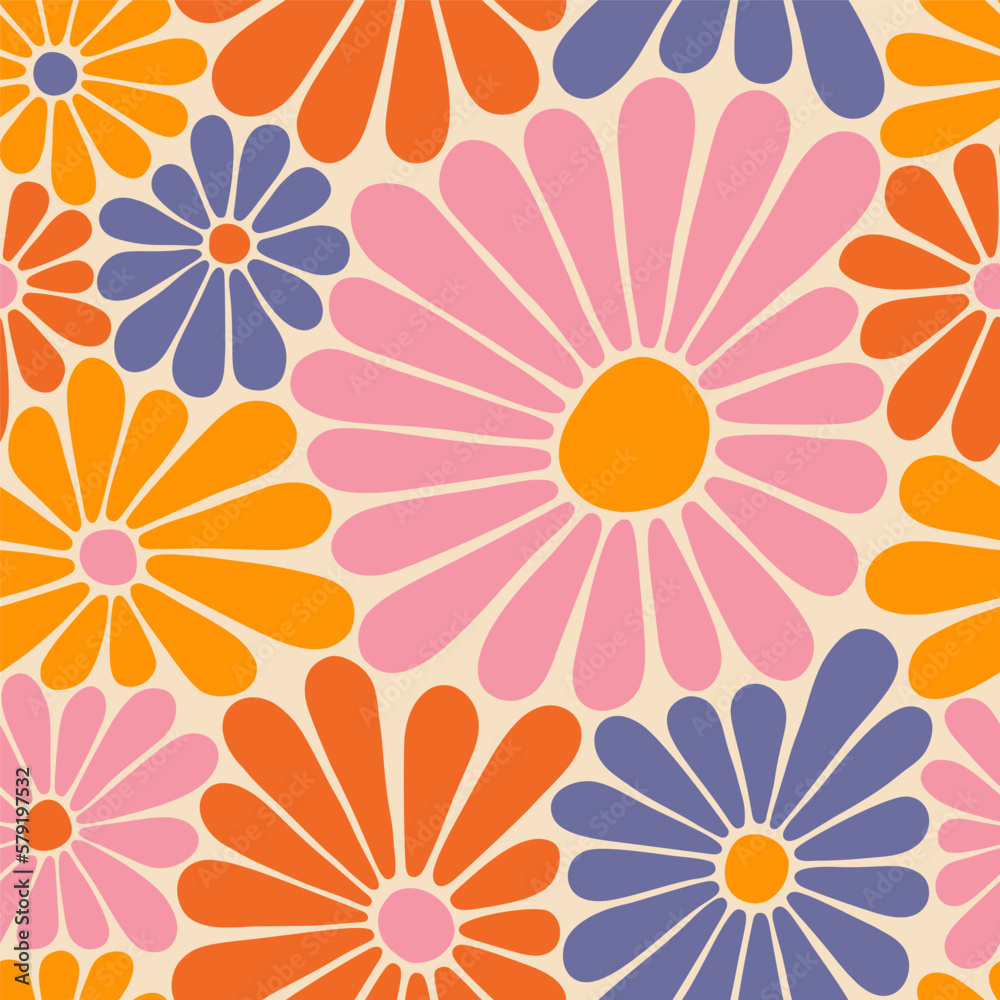 Groovy Daisy Flowers Seamless Pattern. Floral Vector Background in ...