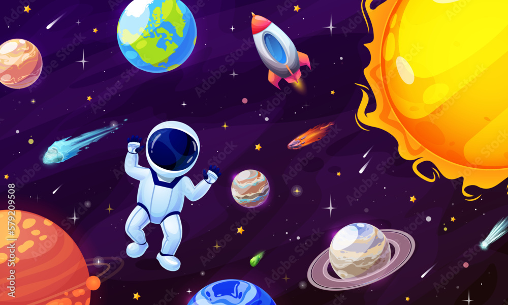 Cartoon astronaut character in space. Space planets and stars. Galaxy ...