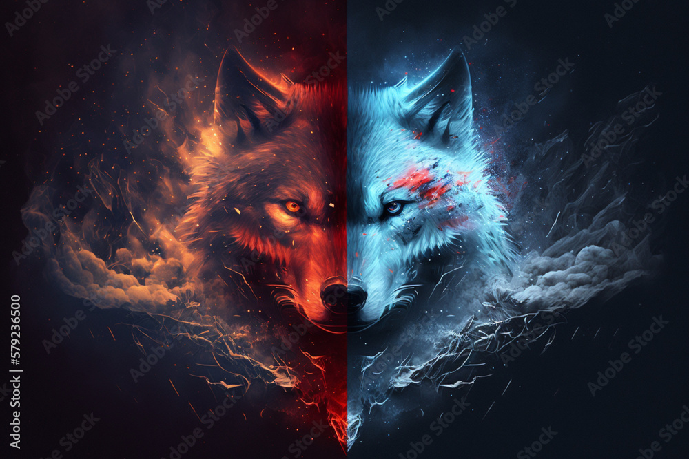 Ilustración de Stock interconnected art of a half white wolf and half ...