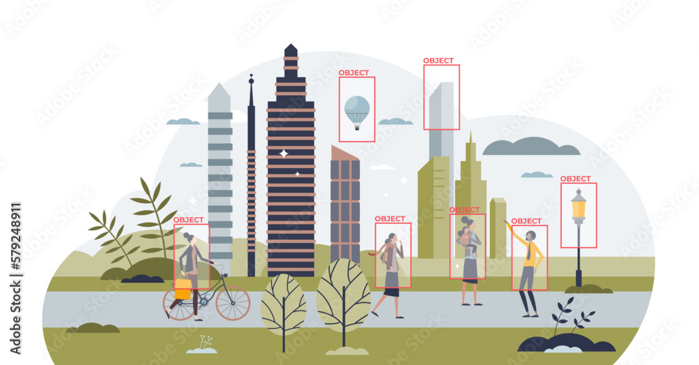 AI recognition algorithm and smart object identification tiny person concept, transparent ...