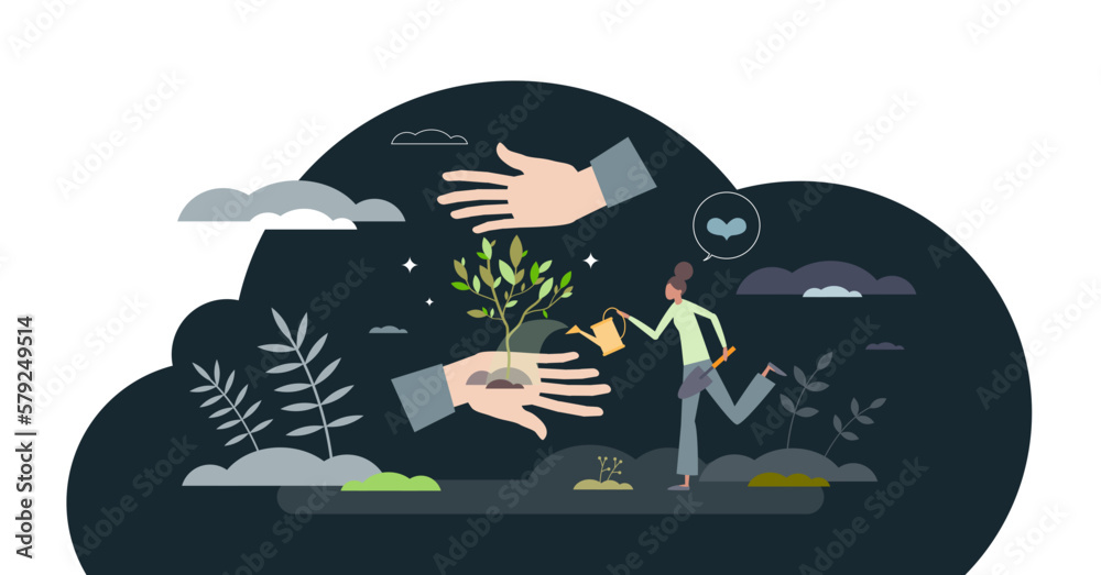 Tree planting activity and ecological plant growth tiny person concept ...