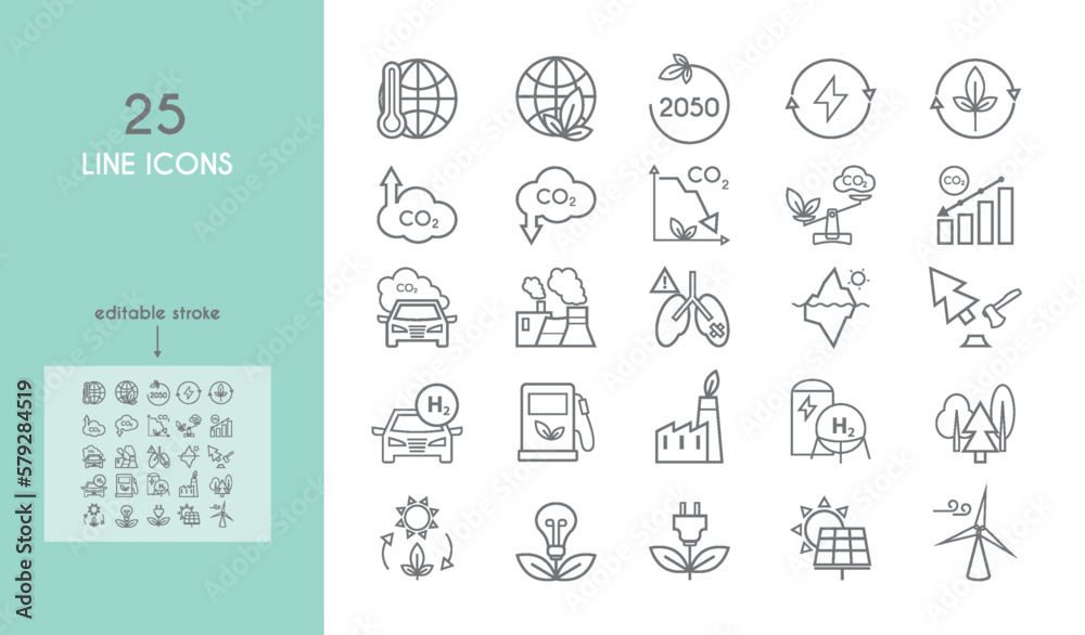 Zero emission 2050. Set of icons on a white background. Deforestation ...