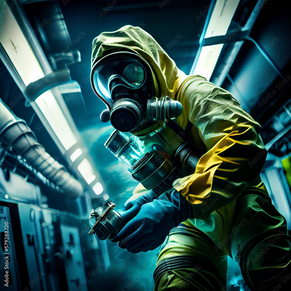 Lone scientist in full hazmat suit and respirator descending into a ...
