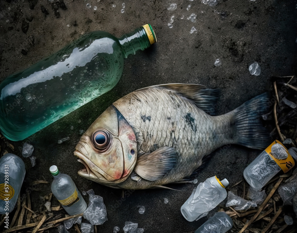 Dead fish with plastic trash in the ocean. Pollution in the seas and ...