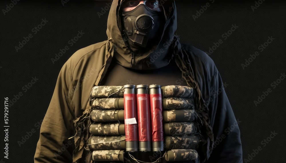 Suicide bomber terrorist in mask with explosives sticks on chest ...