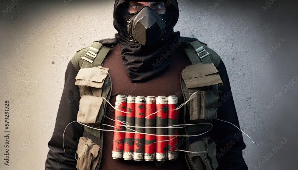 Suicide bomber terrorist in mask with explosives sticks on chest ...