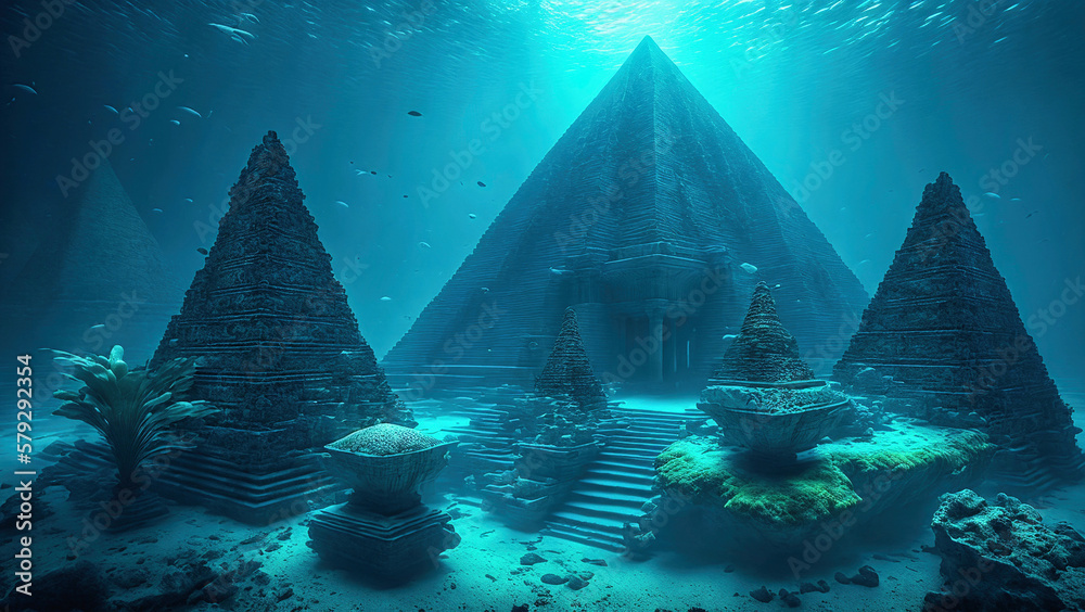 underwater view of an ancient Atlantis city with huge pyramid temples ...