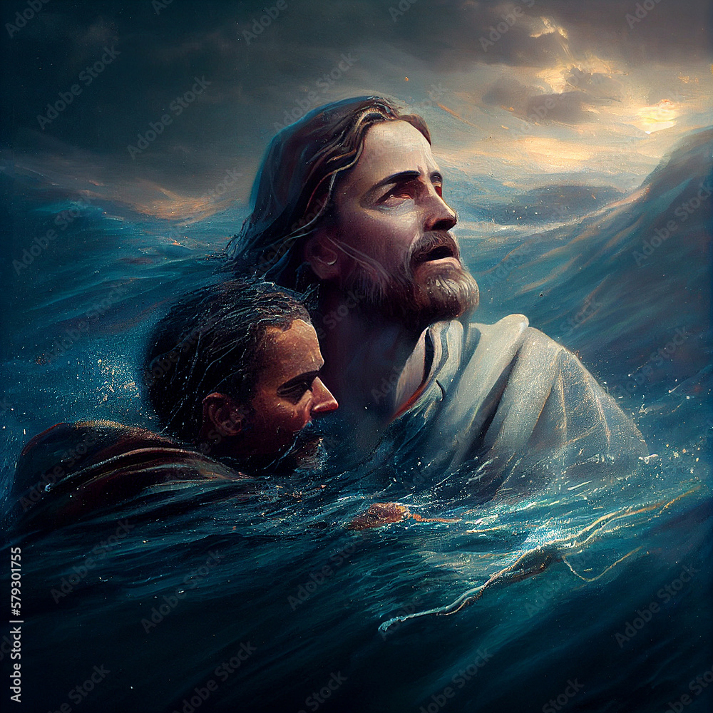 Jesus saves Peter who sinks, walking on water, Sea of Galilee, miracle ...