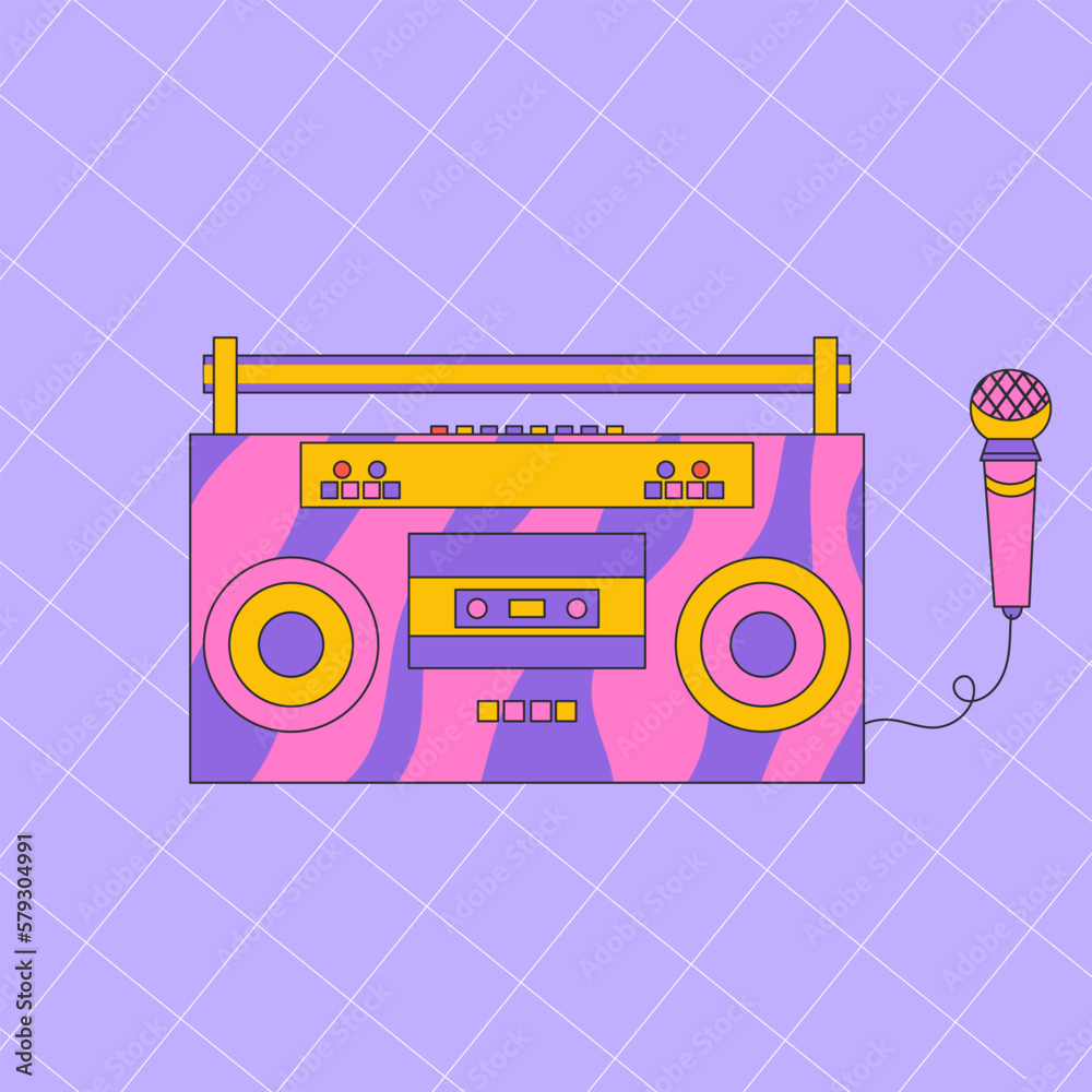Flat llustration of a tape recorder and cassettes. Vintage radio. Tape ...