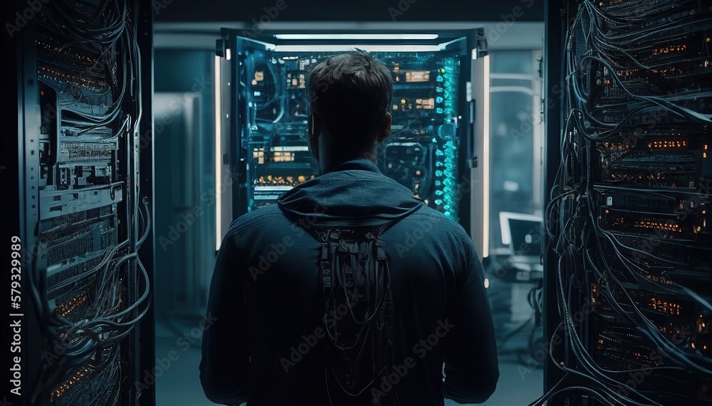 Computer Engineer at Work in Server Room with Big Data Storage and ...