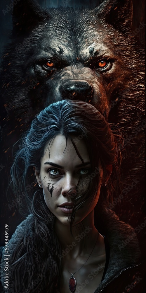 Movie poster of a werewolf standing behind a young and beautiful woman ...