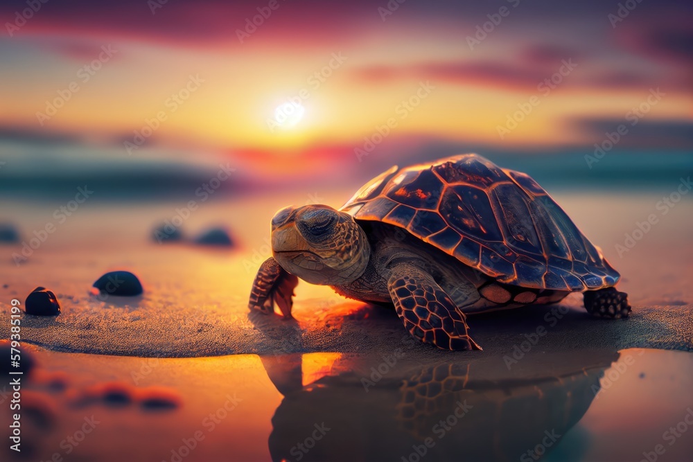 Beautiful sea turtle on the beach in sunset, made with generated ai ...