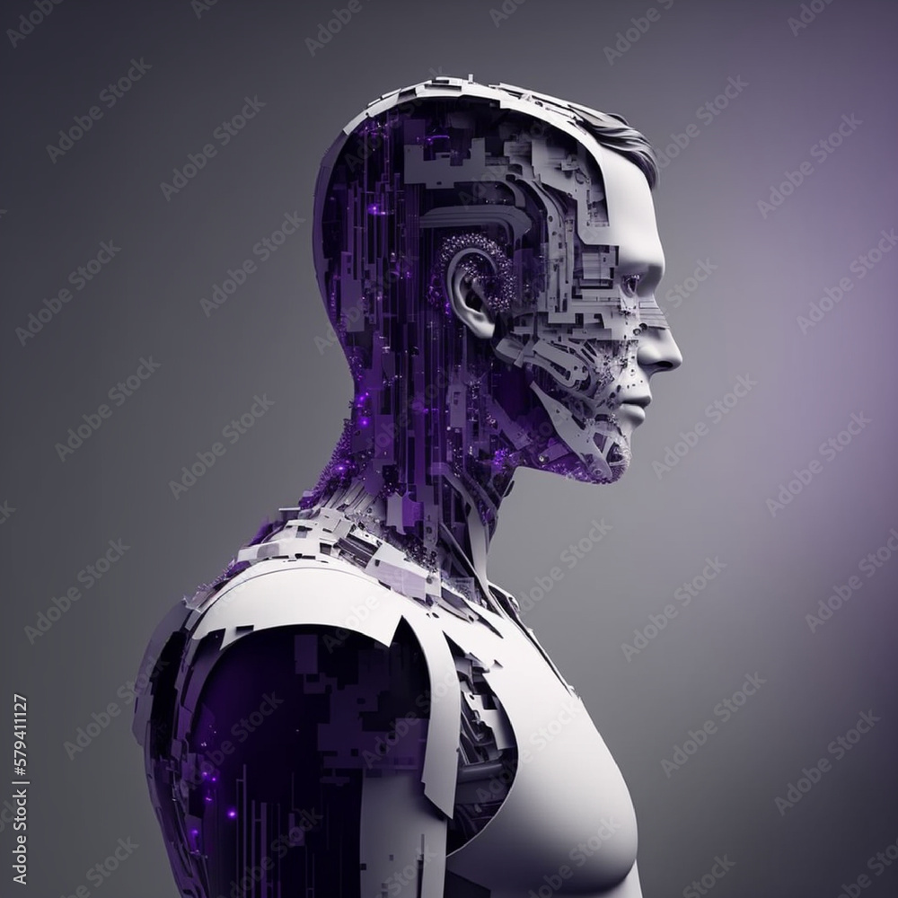 robot cyborg head with code, chatbot chat AI concept, artificial intelligence side view AI smart ...
