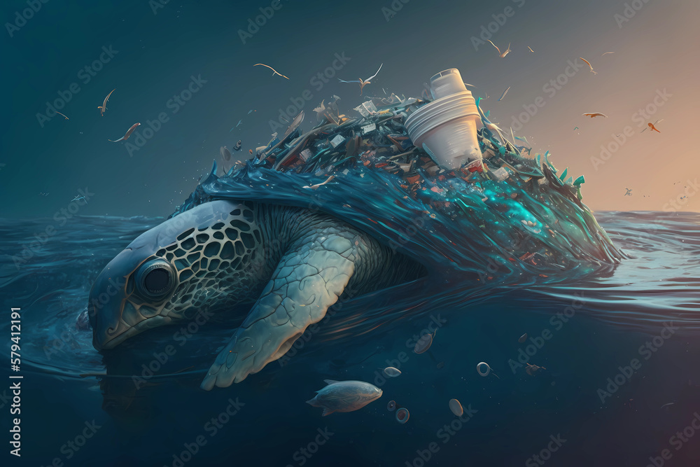 Turtle and fishes swim in the ocean with plastic garbage. Underwater ...
