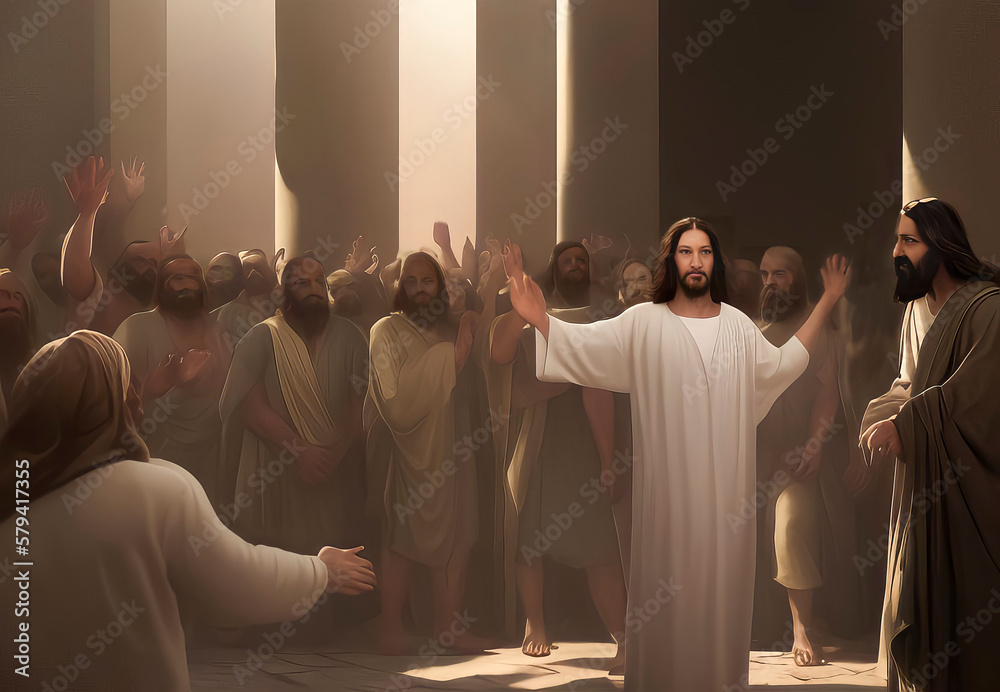 Painting of Jesus surrounded by an angry crowd arguing with Pharisees ...